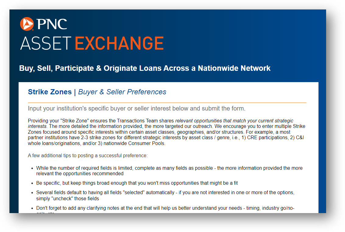 PNC Asset Exchange | Strike Zones - Enter Buyer & Seller Preferences